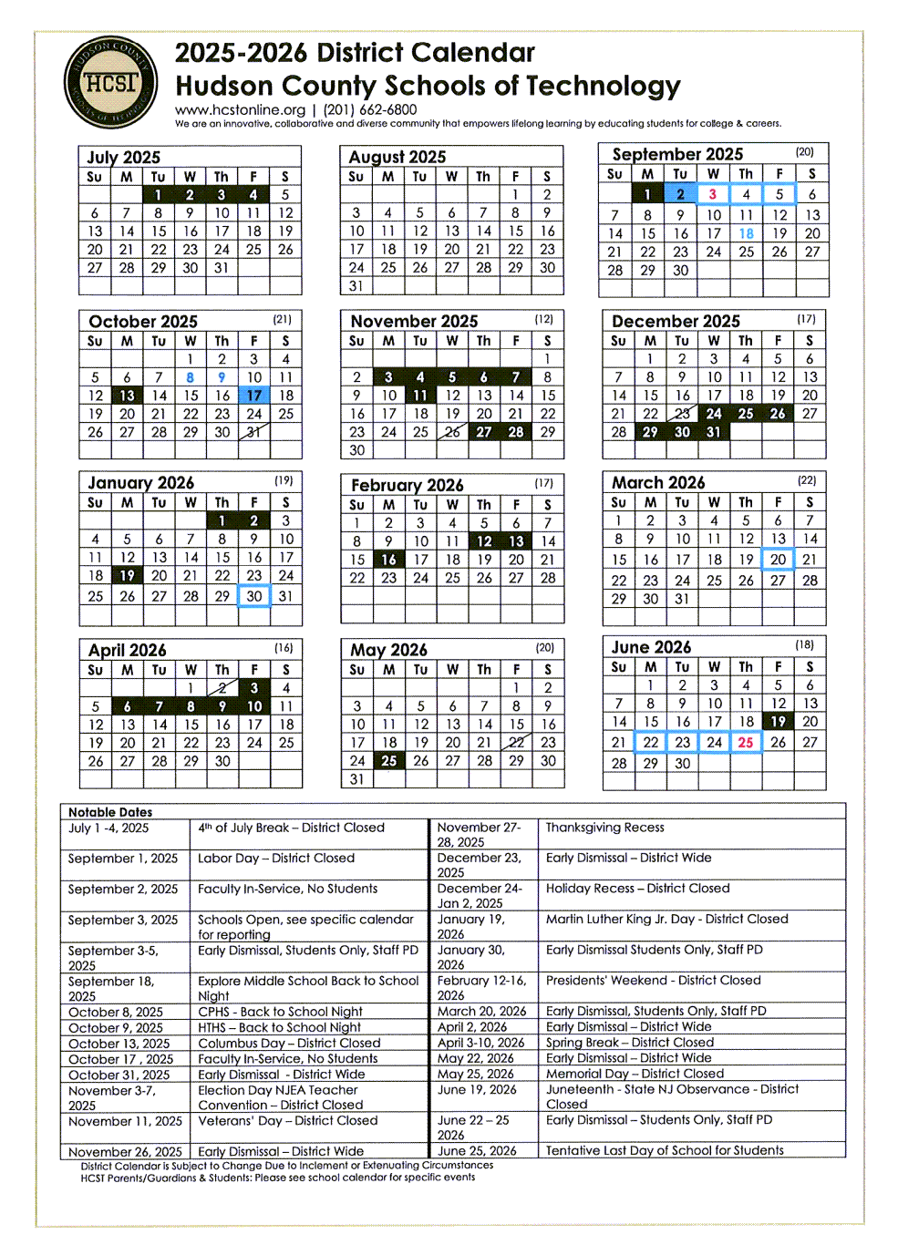 HCST District Calendar – Hudson County Schools of Technology
